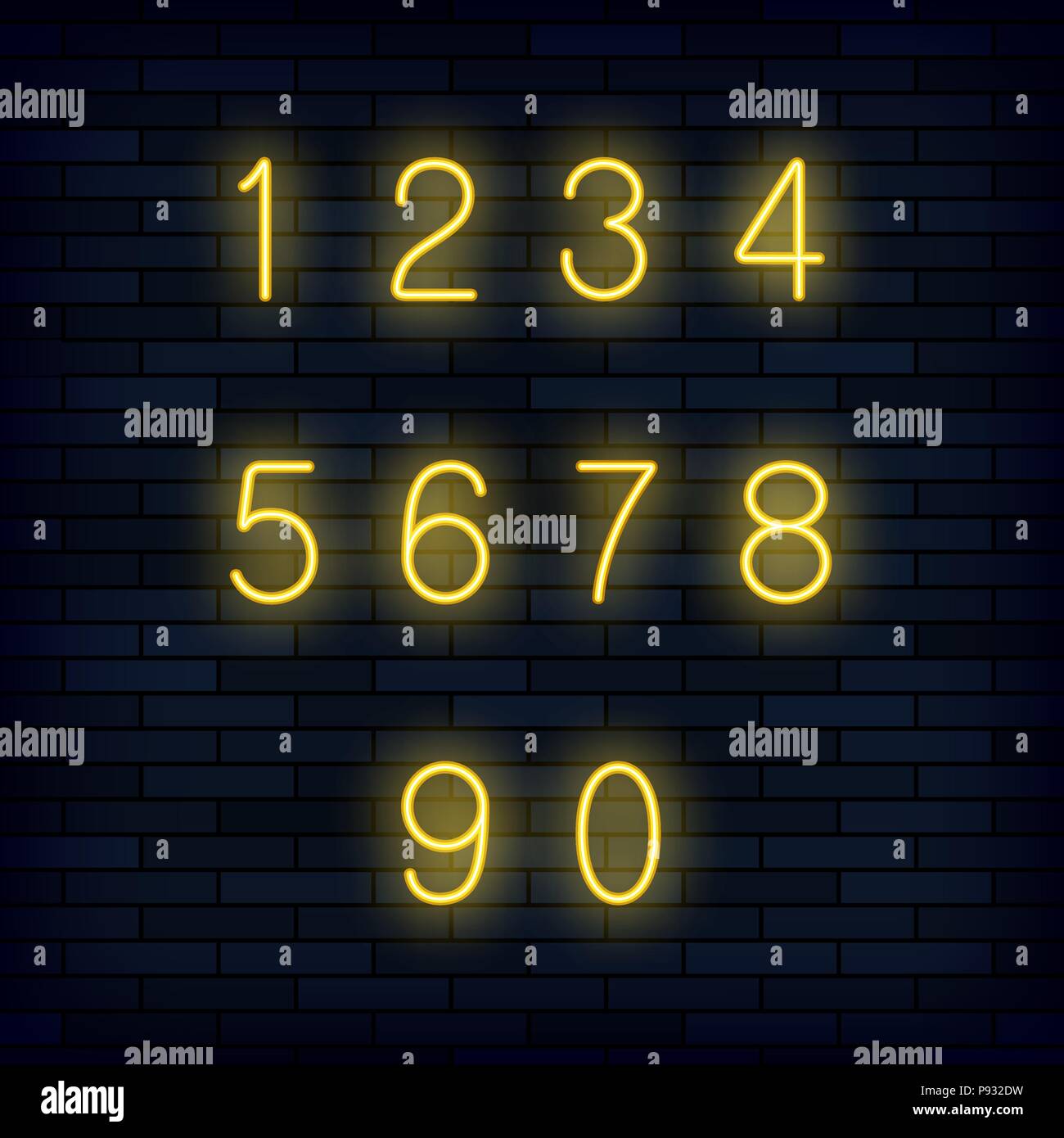 Set of Yellow Neon Numbers Isolated on Dark Brick Background Stock ...