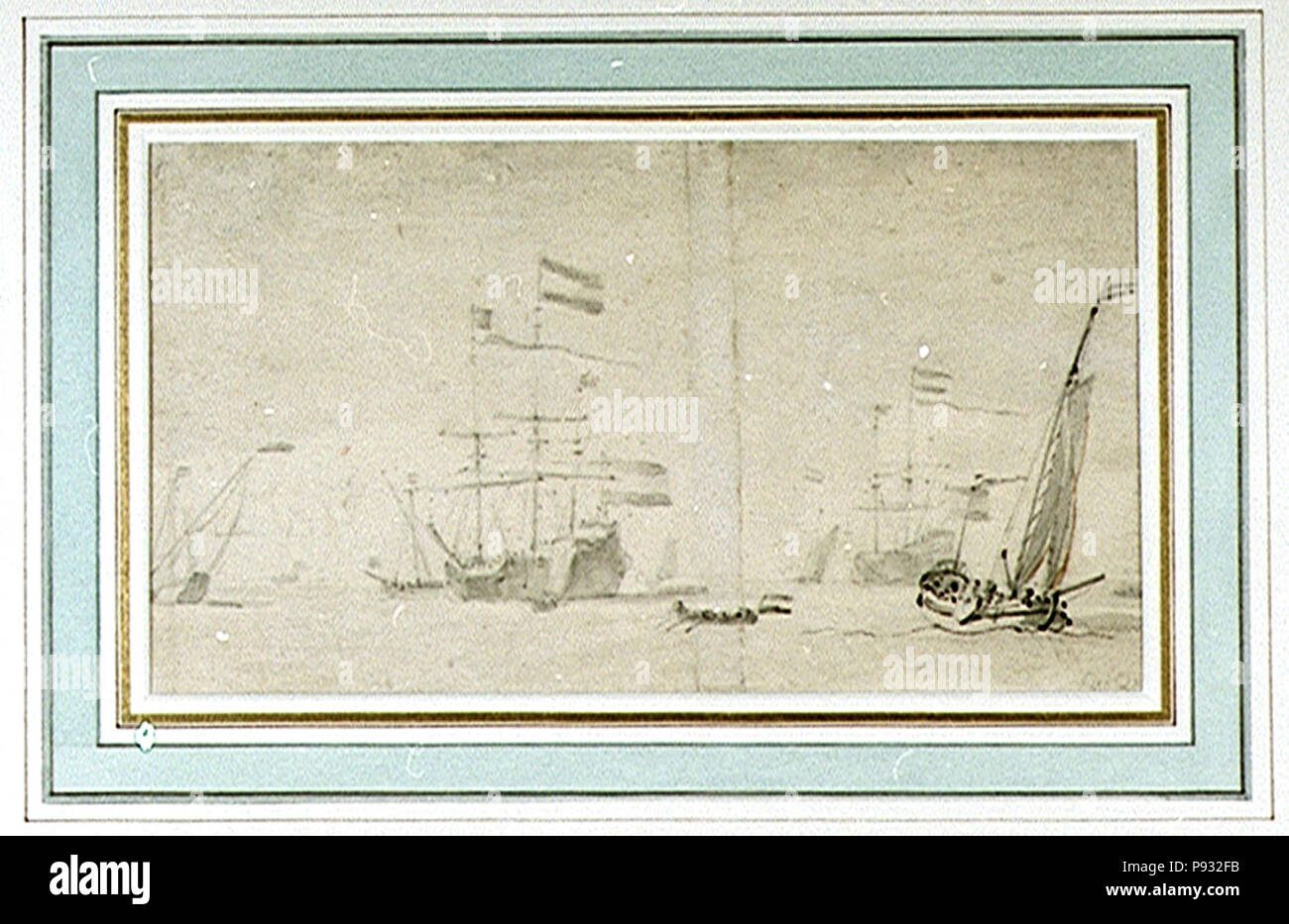 A Dutch bezan yacht before the wind with flagships at anchor Stock ...