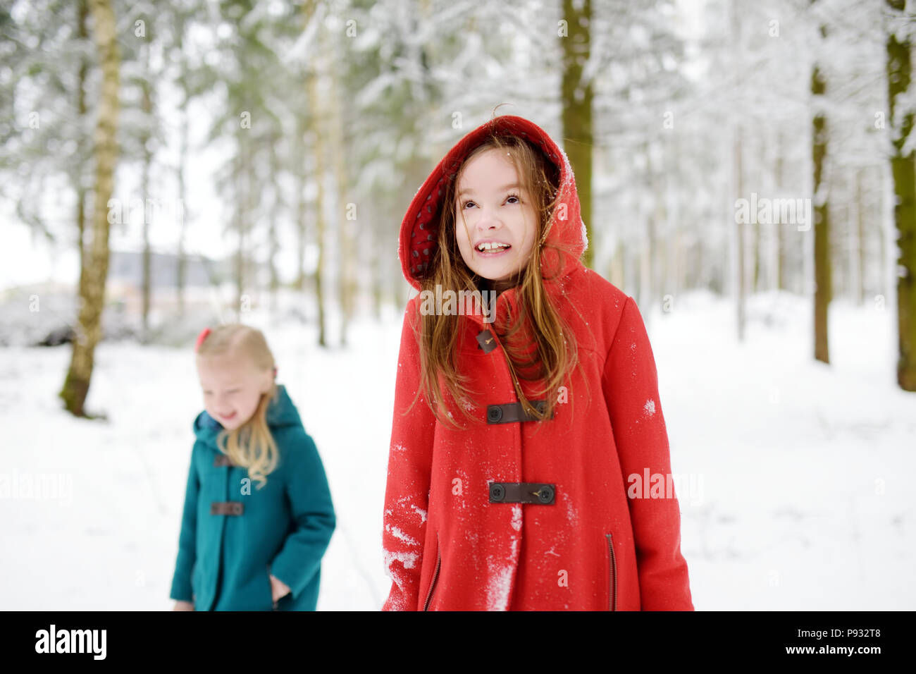 Two adorable little girls having fun together in beautiful winter park ...