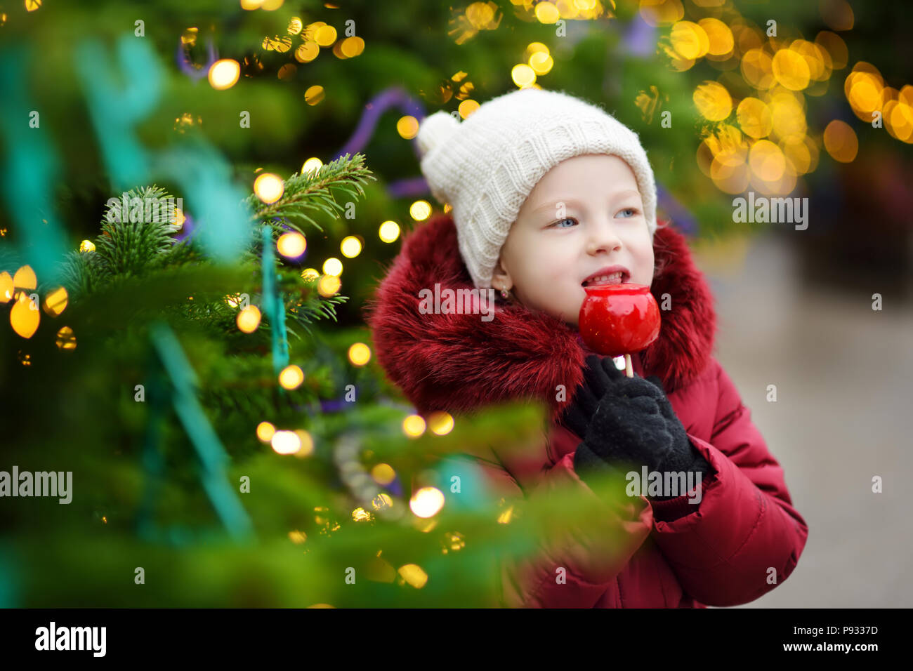 Adorable little girl eating red apple covered with sugar icing on ...
