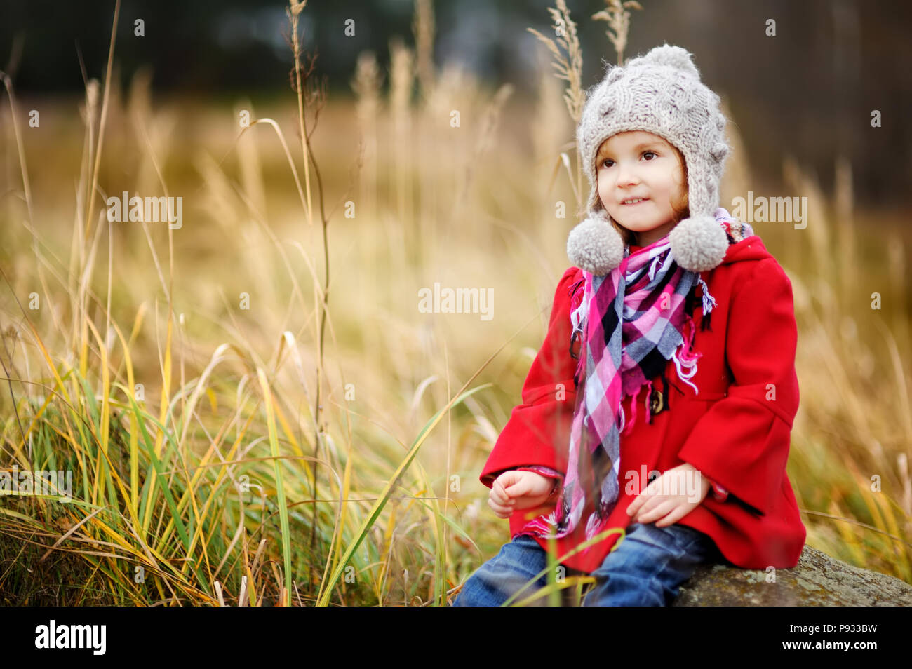 Cute little girl having fun on beautiful autumn day. Happy child ...