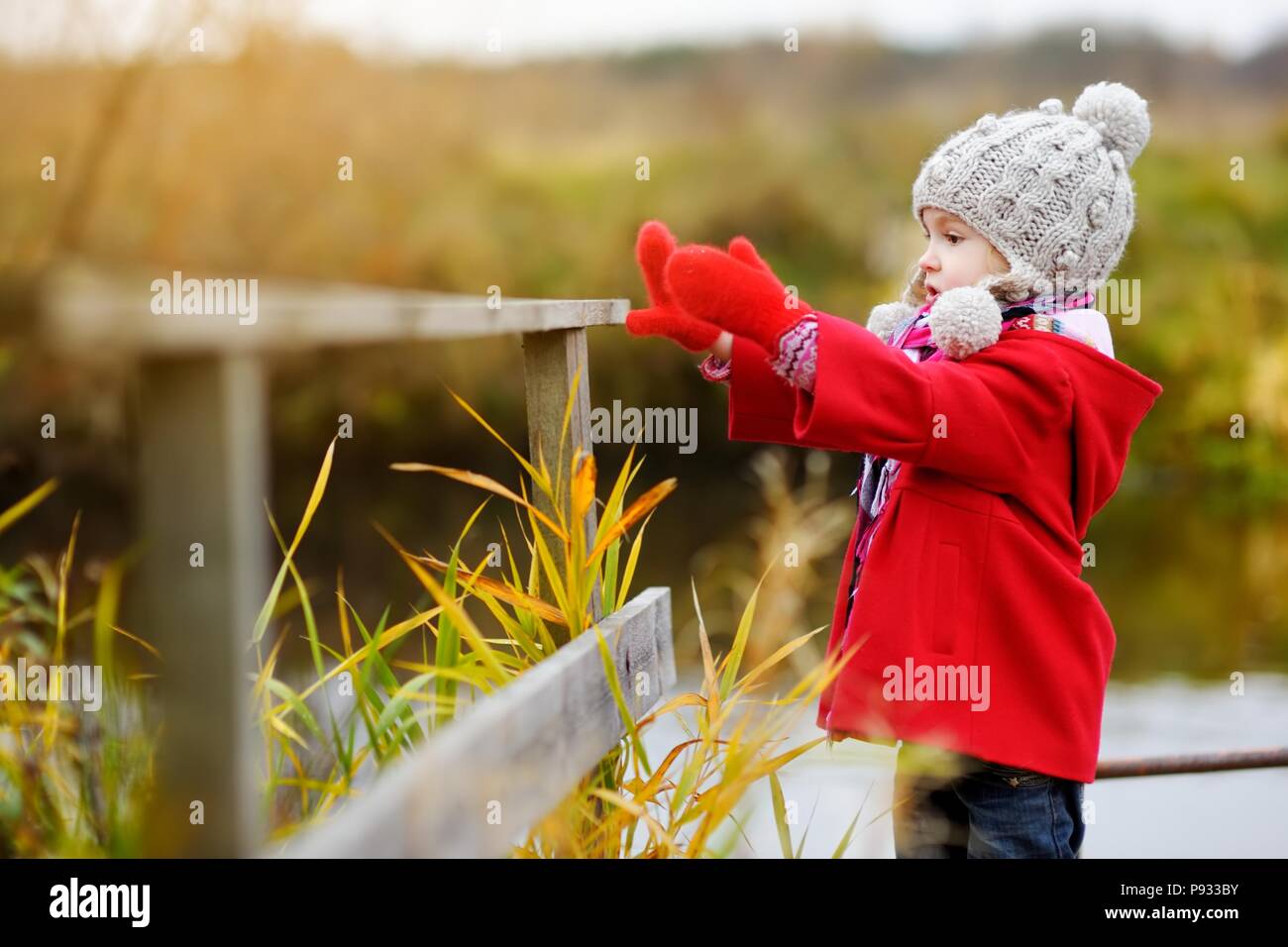 Cute little girl having fun on beautiful autumn day. Happy child ...