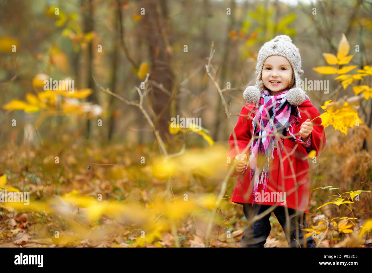 Cute little girl having fun on beautiful autumn day. Happy child ...