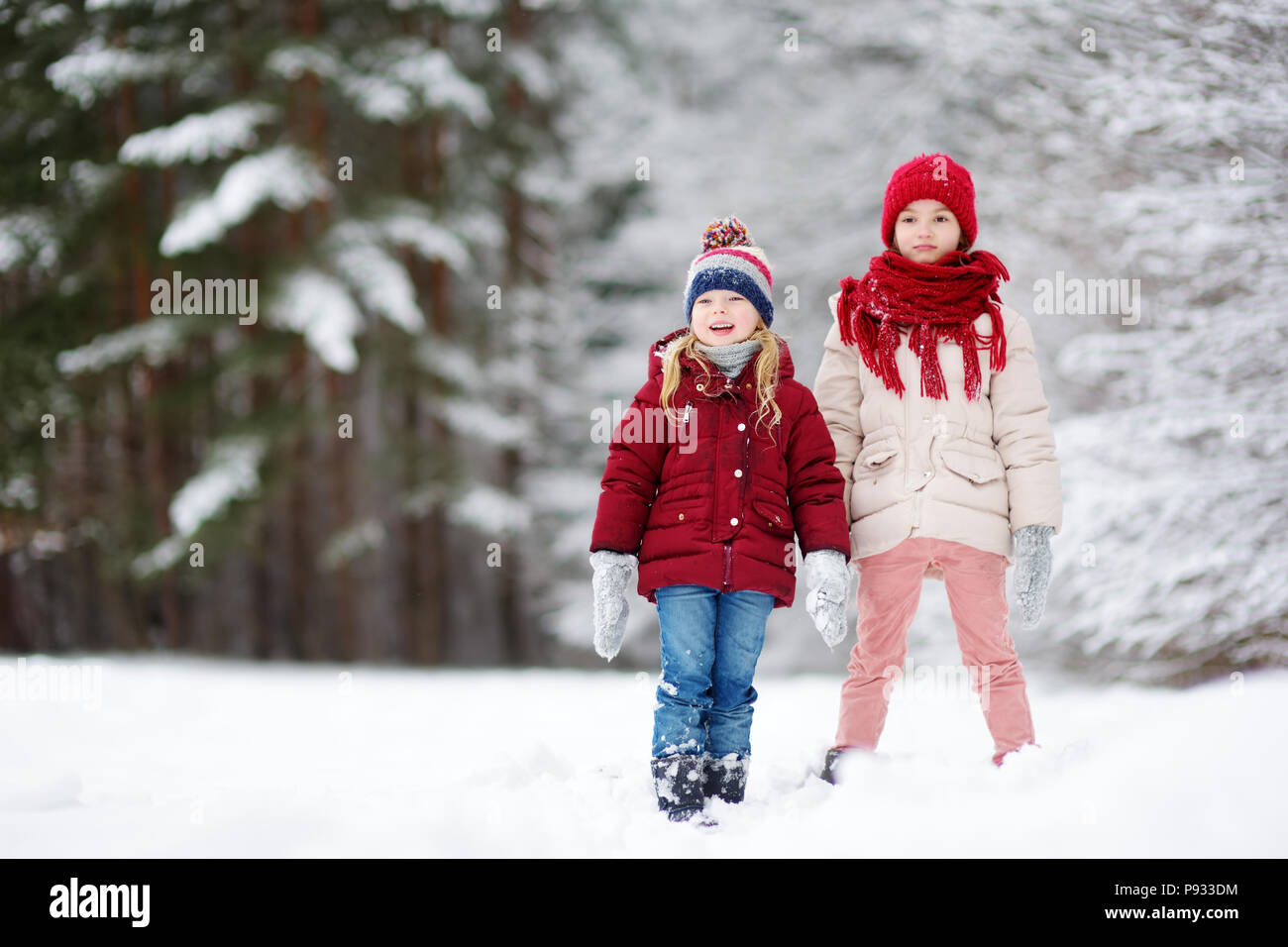 Two adorable little girls having fun together in beautiful winter park ...
