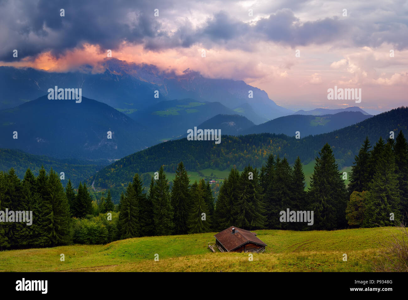 Breathtaking lansdcape of Bavarian mountains and forests on cloudy ...