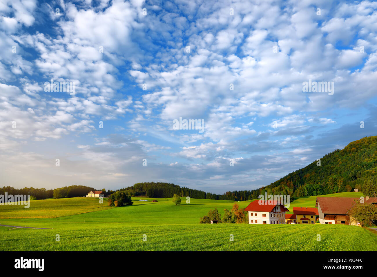 Breathtaking lansdcape of Austrian countryside on sunset. Dramatic sky ...