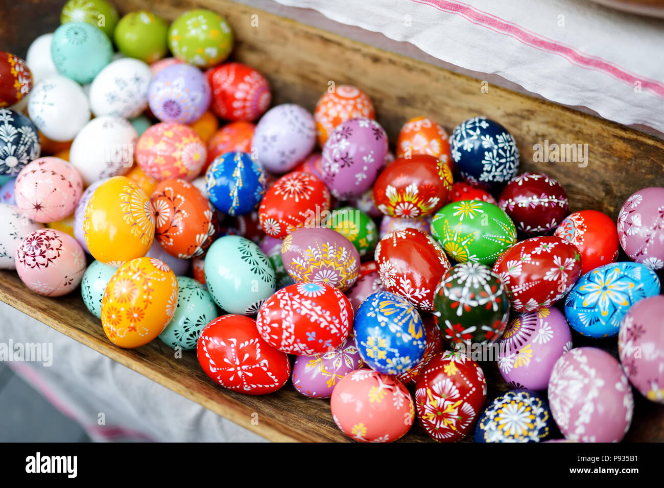 Colorful handmade wooden Easter eggs sold in annual traditional crafts ...