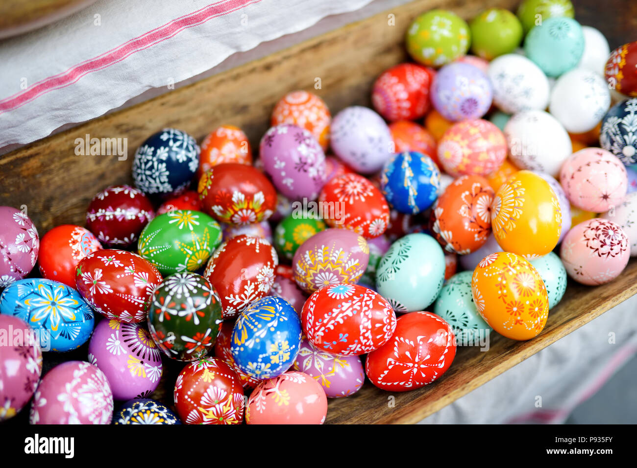 Colorful handmade wooden Easter eggs sold in annual traditional crafts ...