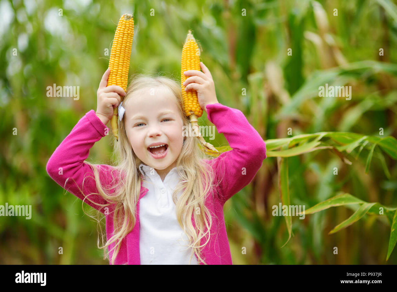 Adorable girl playing in a corn field on beautiful autumn day. Pretty ...