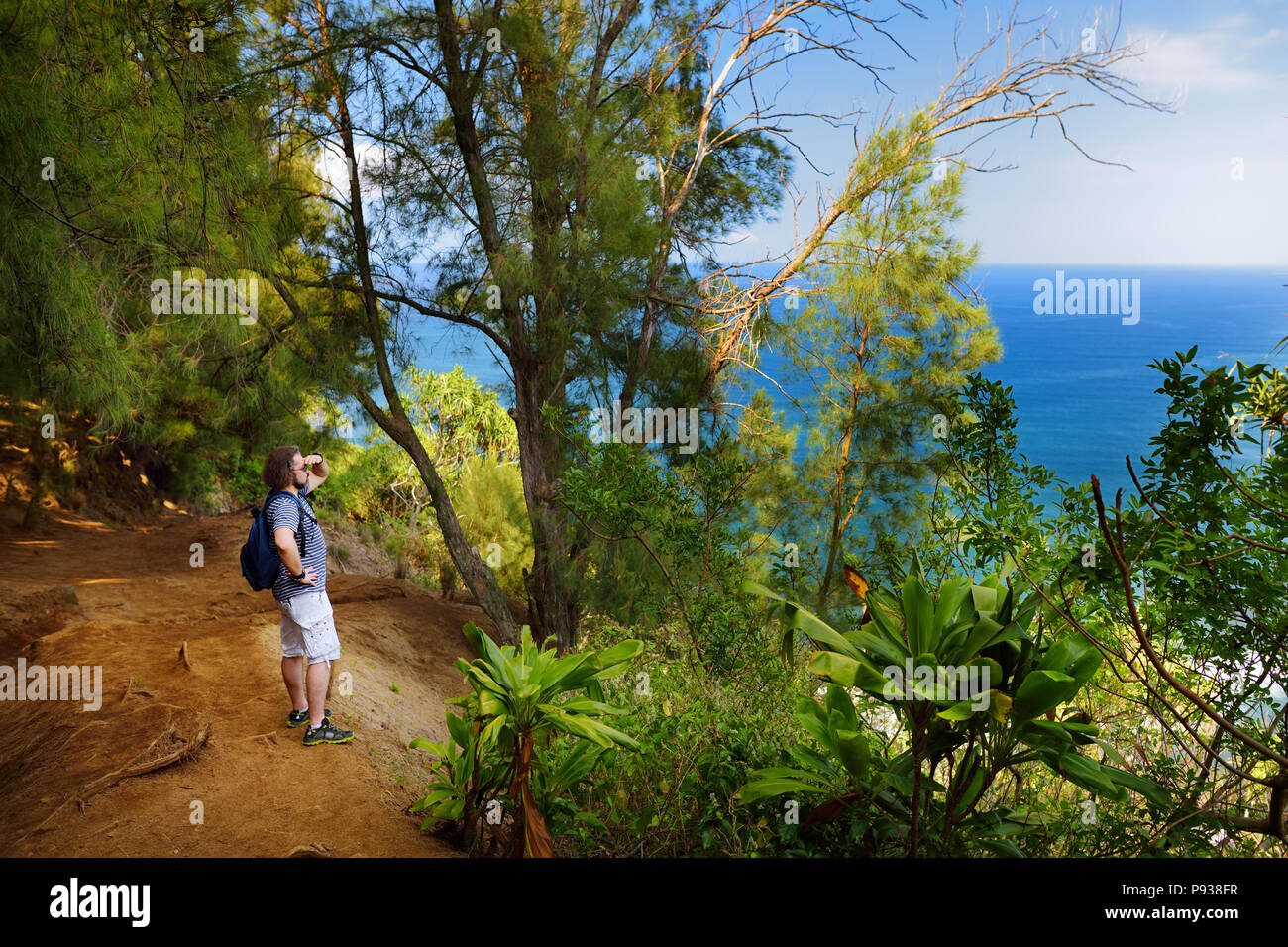 Young male tourist hiking on beautiful Pololu loop trail located near ...