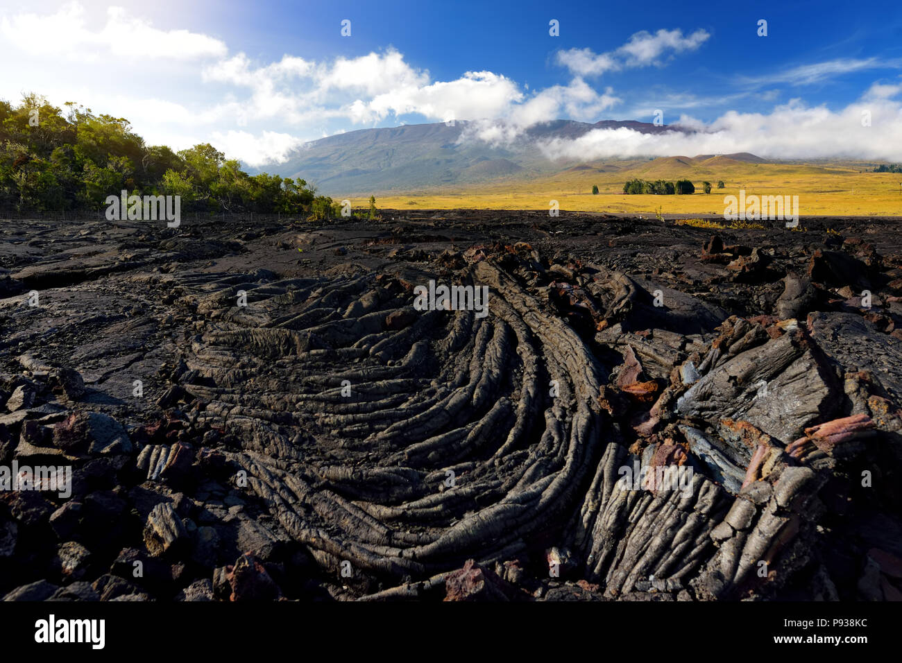 Rough surface of frozen lava after Mauna Loa volcano eruption on Big ...