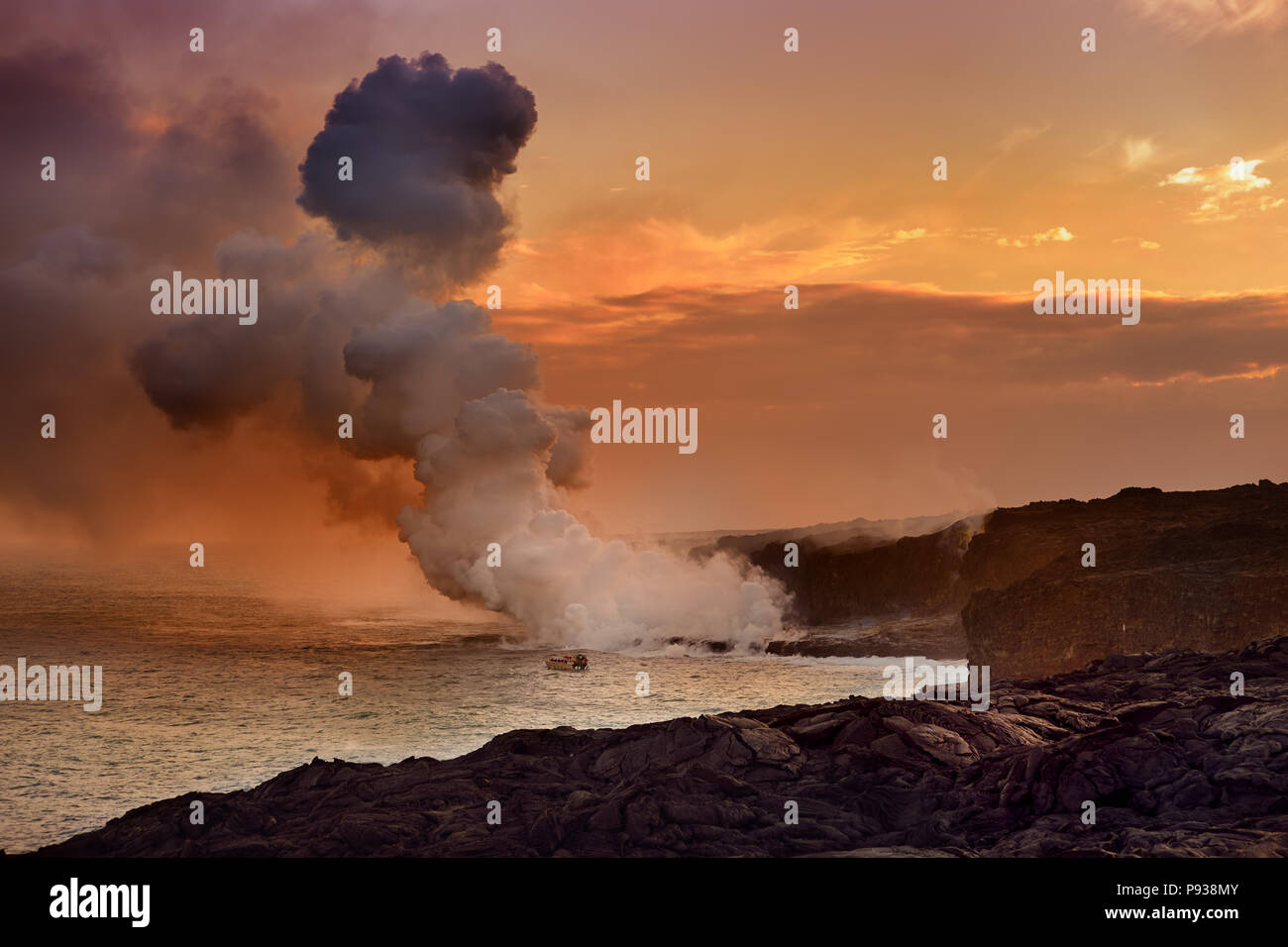 Lava pouring into the ocean creating a huge poisonous plume of smoke at ...