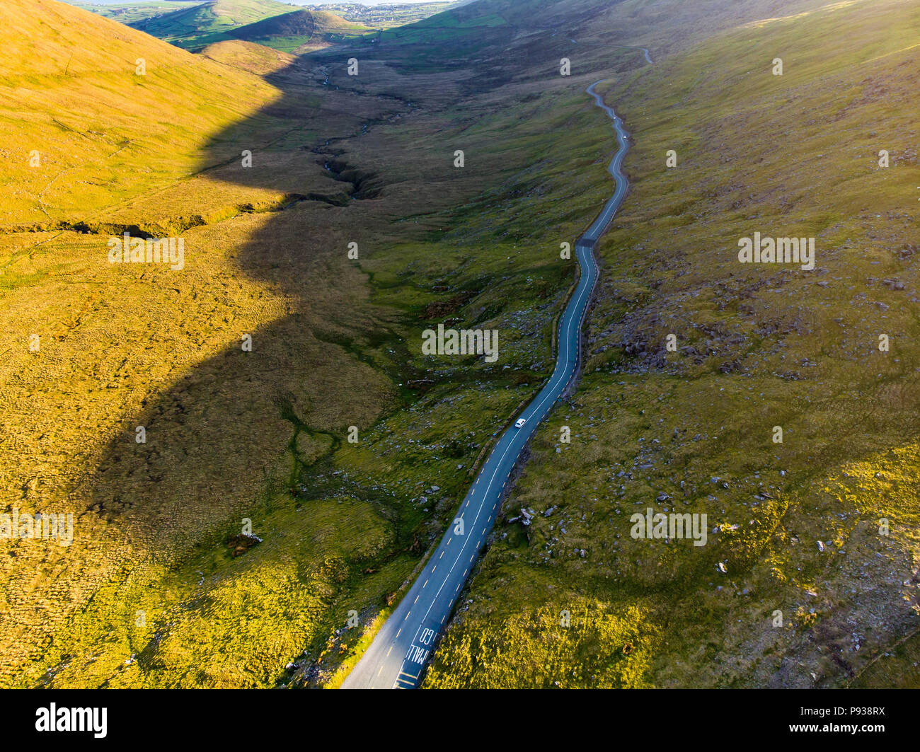 Aerial view of Conor Pass, one of the highest Irish mountain passes ...
