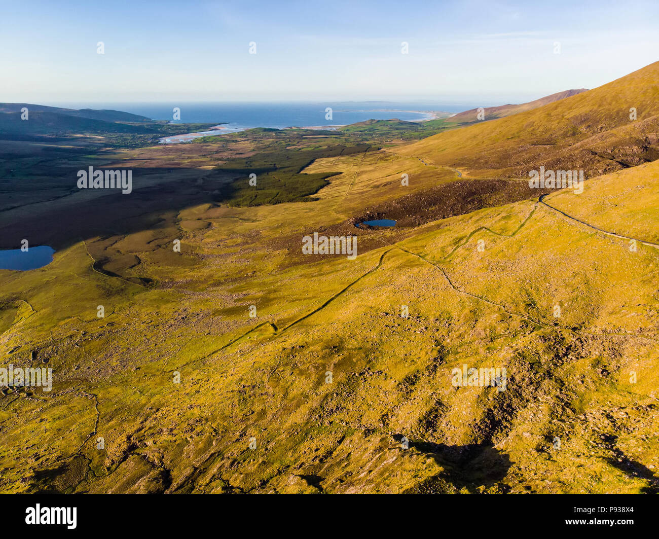 Aerial view of Conor Pass, one of the highest Irish mountain passes ...