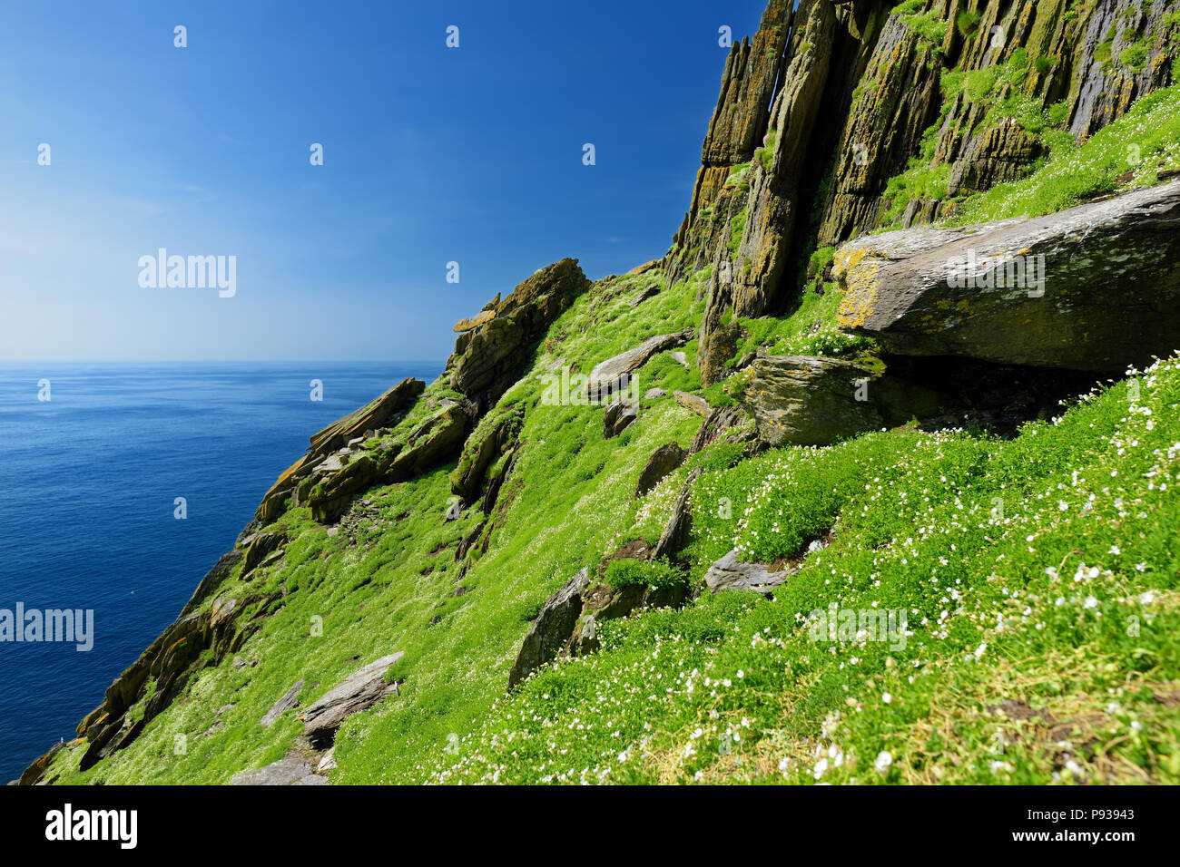 Skellig Michael or Great Skellig, home to the ruined remains of a ...