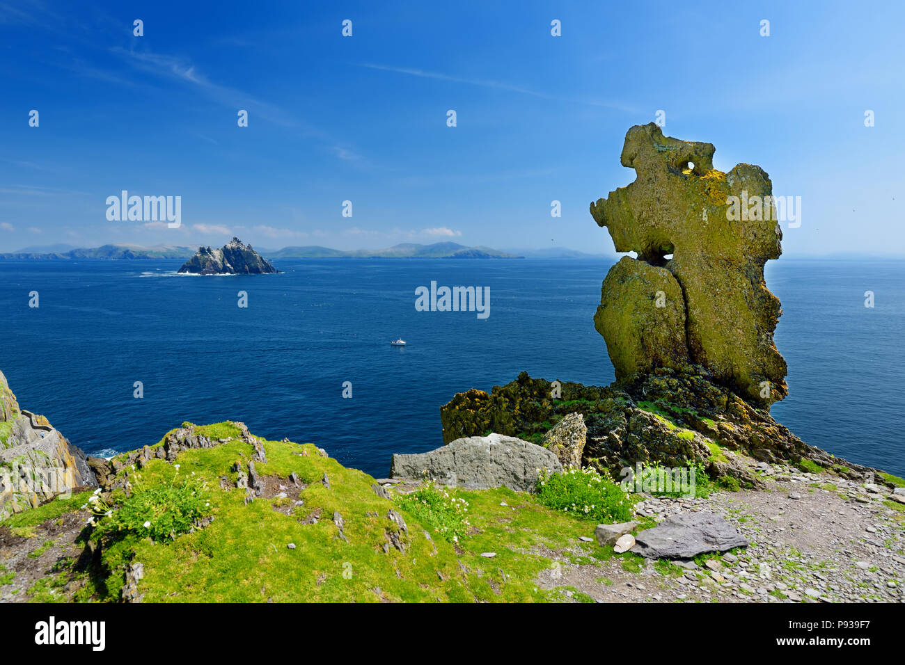 Skellig Michael or Great Skellig, home to the ruined remains of a ...