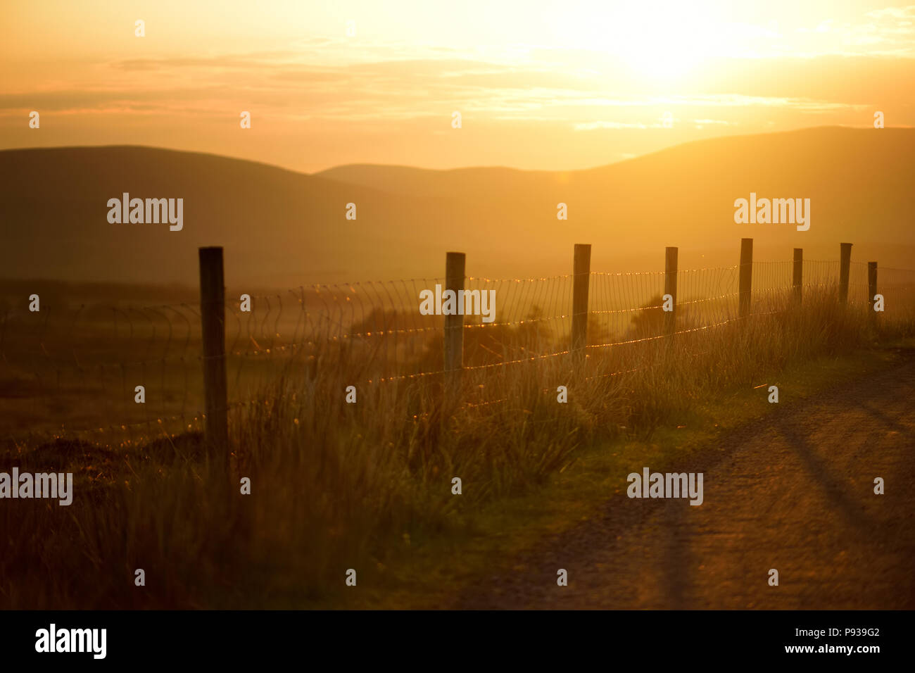 Beautiful sunset in Connemara. Scenic Irish countryside road leading ...