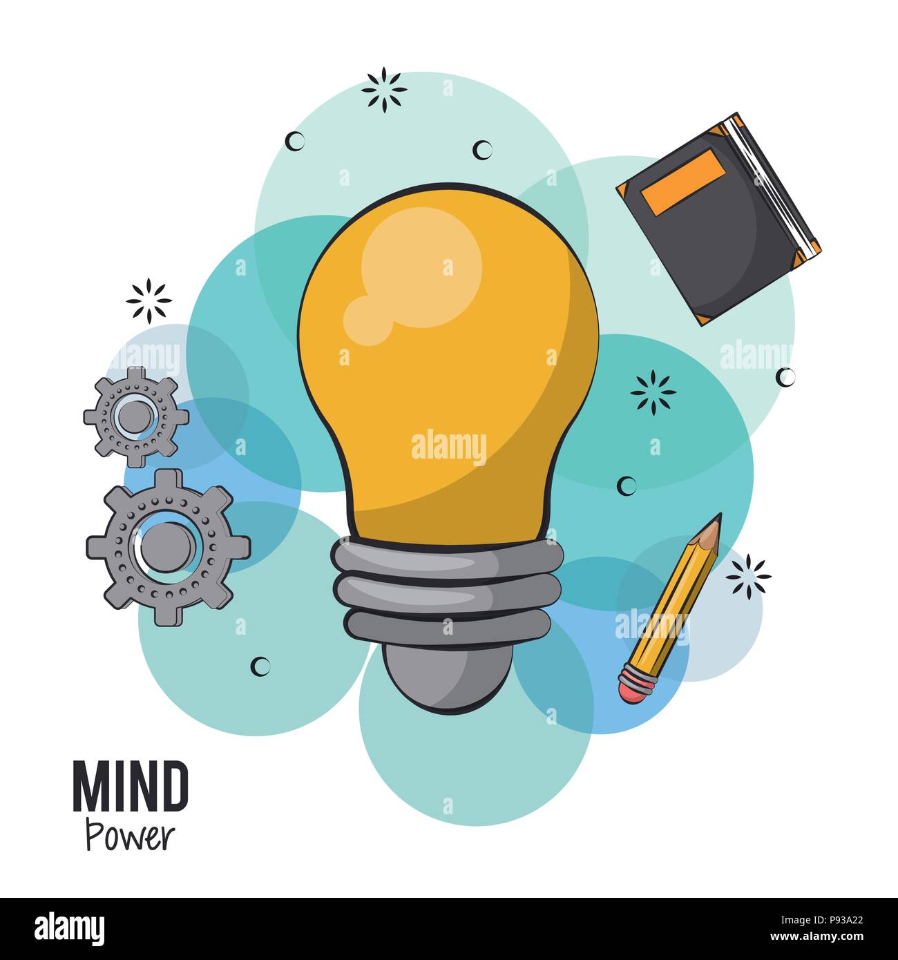 Mind power bulb light and books with gears vector illustration graphic ...