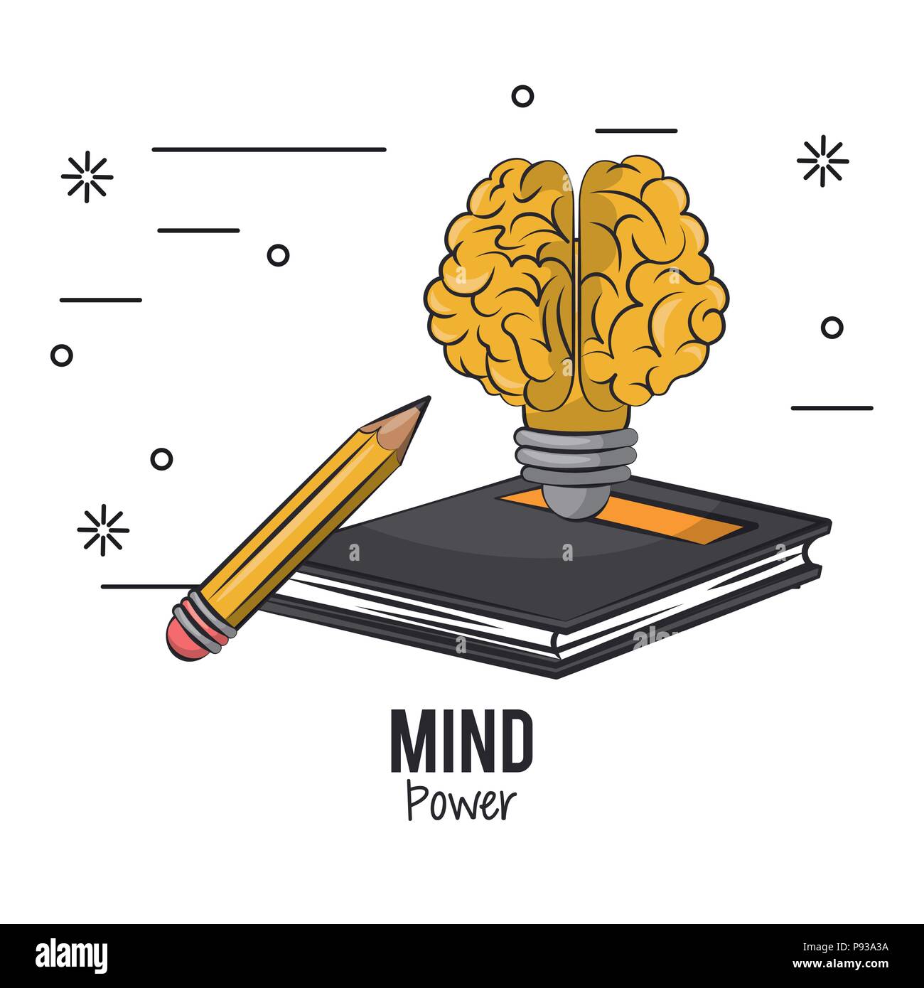 Mind power and brain light bulb with book and pencil vector ...