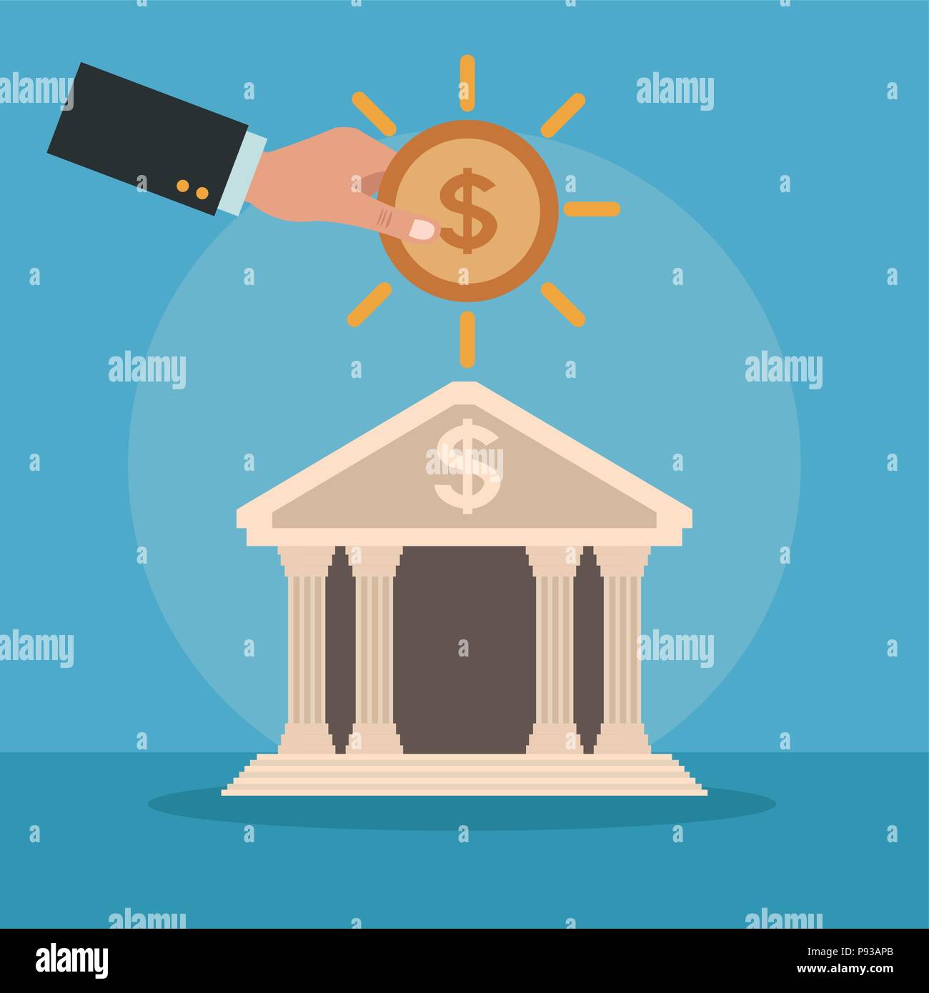 Hand inserting coin to bank building vector illustration graphic design ...