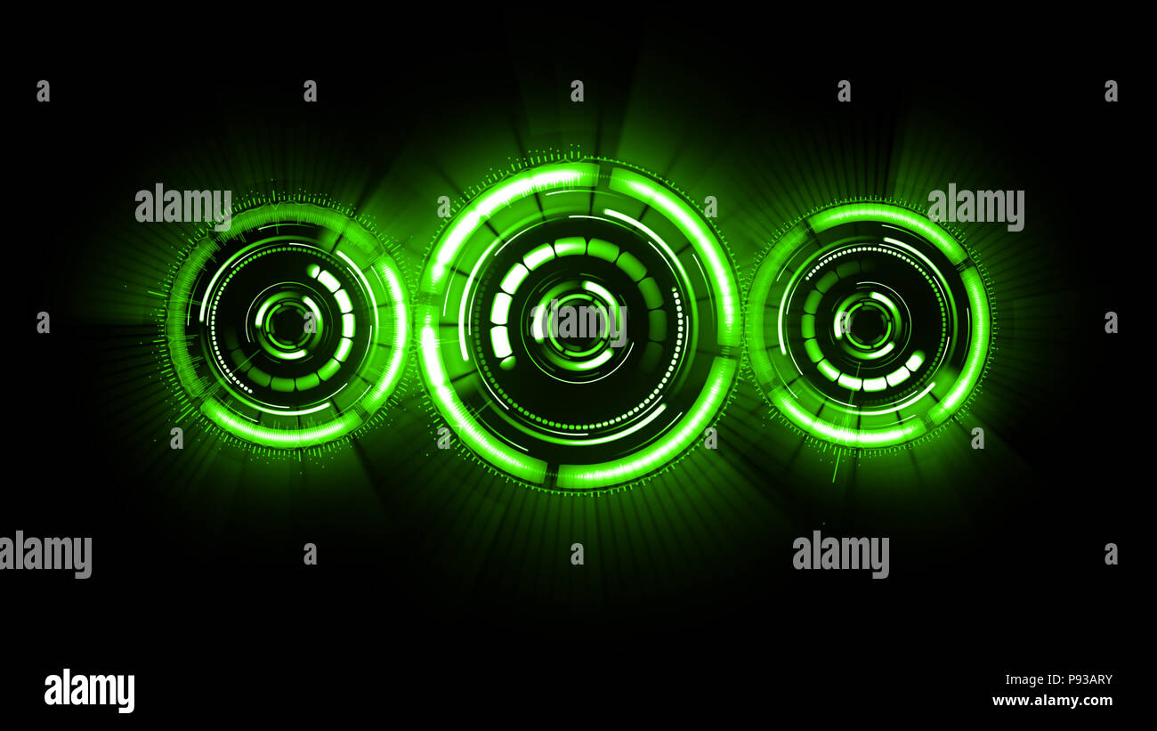 Three abstract futuristic motion graphic round mechanisms, grouped ...