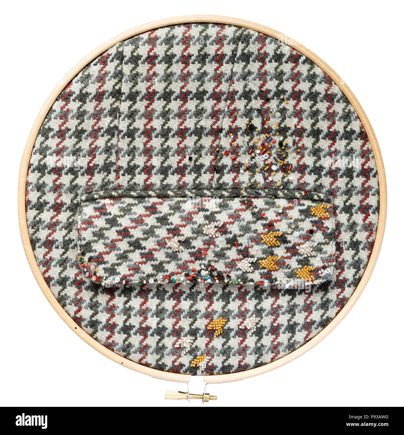 Embroidery hoop with bead embroidery isolated on white background ...