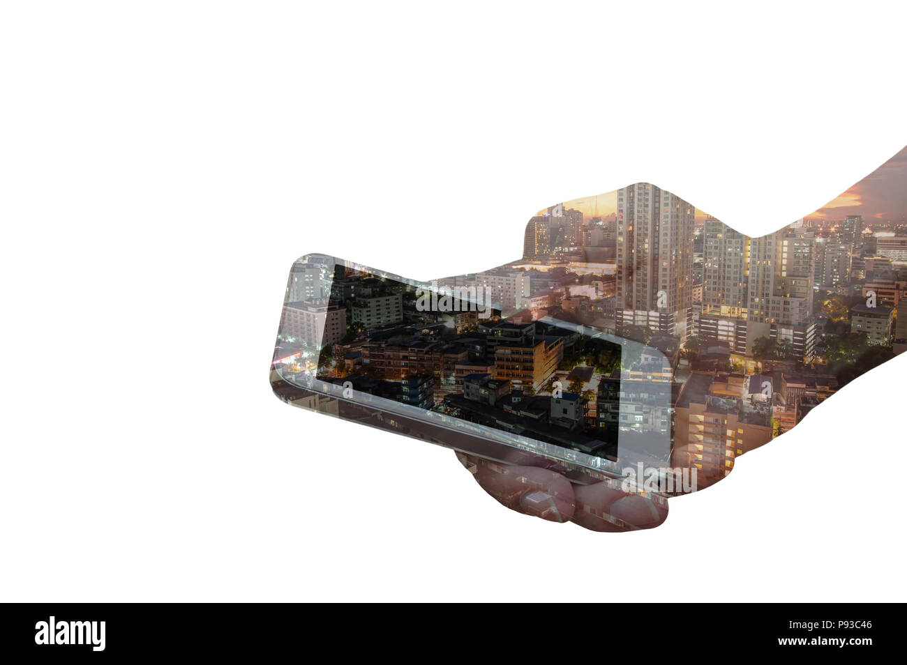 Double exposure of hand hold smartphone over night city background ...
