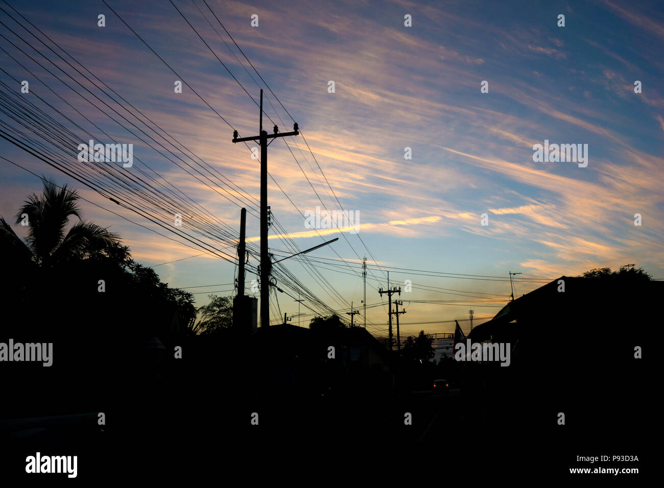 transmission power line on sunset sky Stock Photo - Alamy