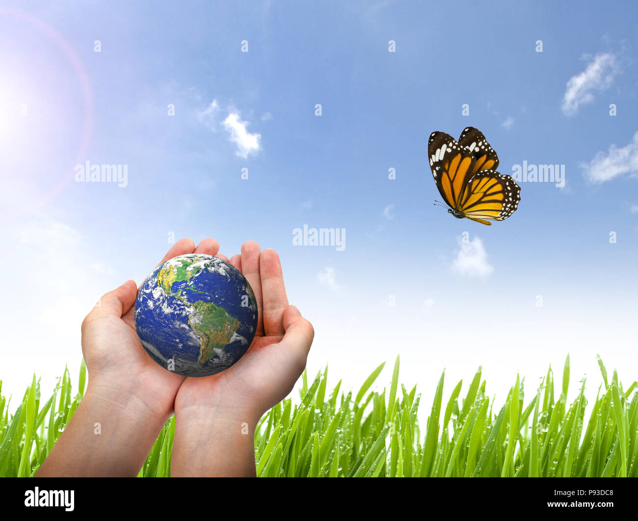 Earth planet and butterfly in female hand on blue sky - Elements of ...