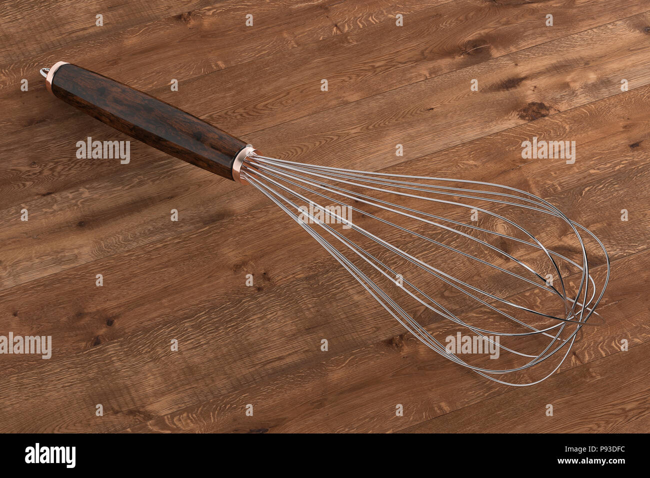 Wire whisk isolated on wood background. Include clipping path. 3d ...