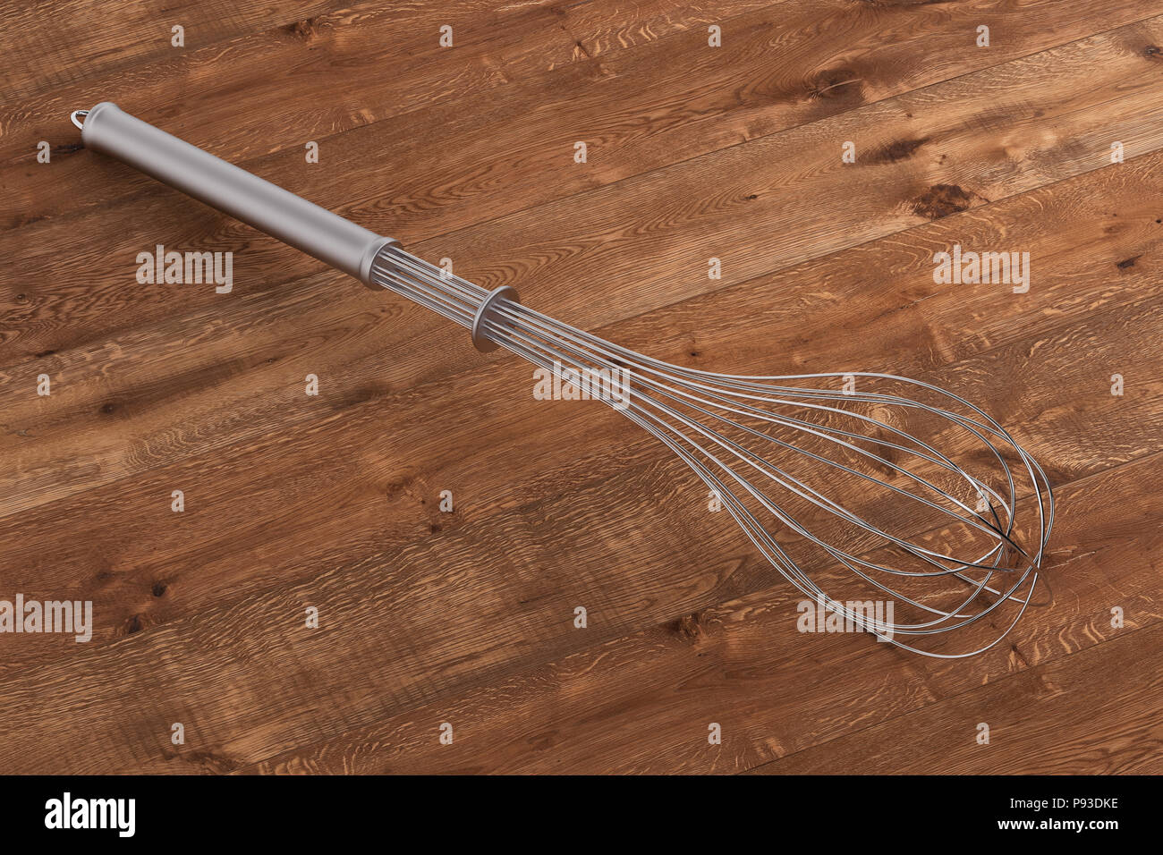Wire whisk isolated on wood background. Include clipping path. 3d ...