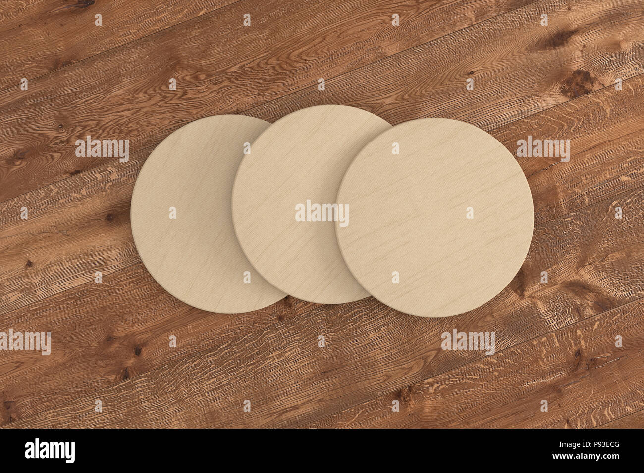 Cardboard round coasters. Isolated on wood background. 3d render Stock ...