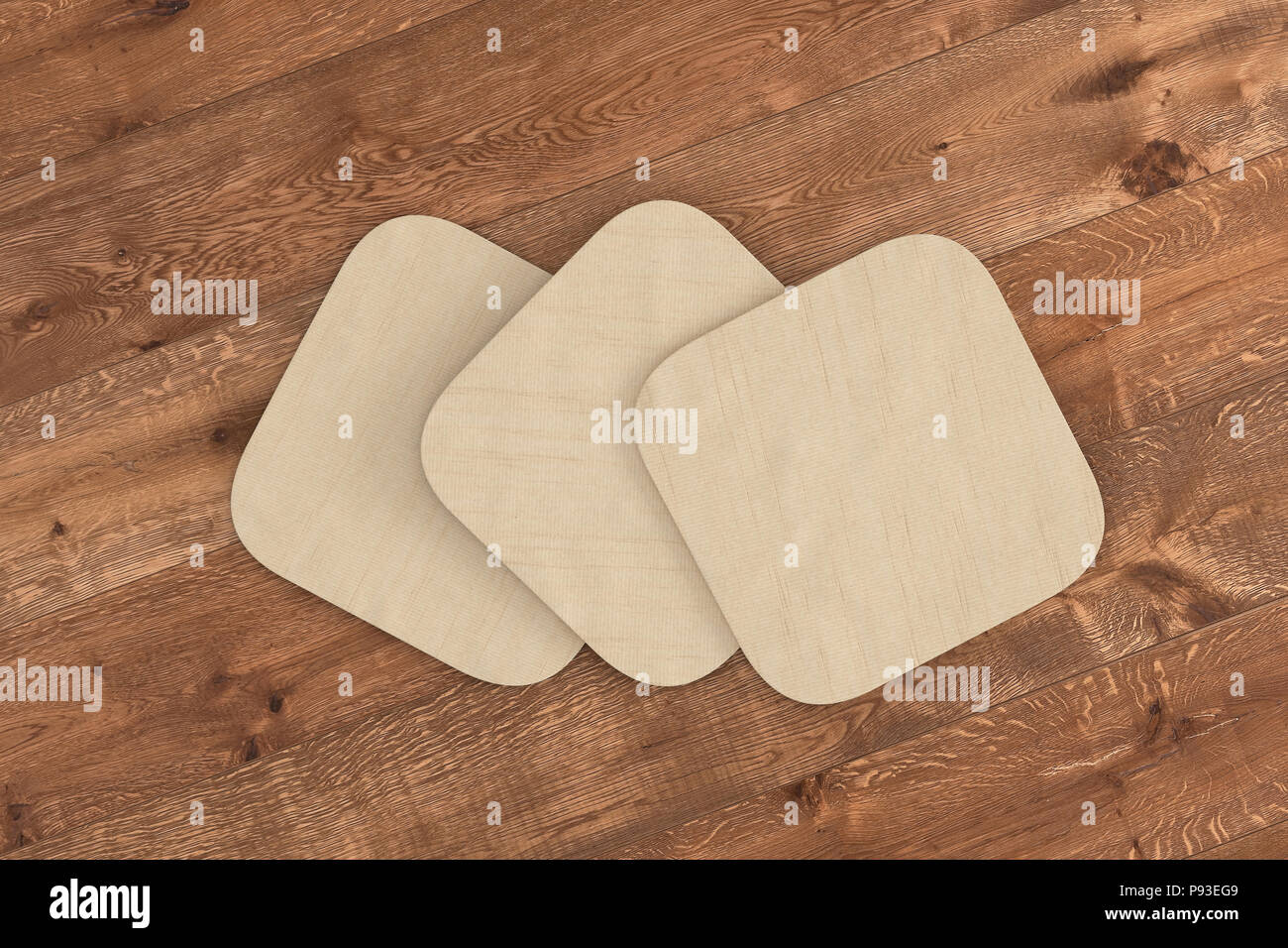Cardboard square coasters. Isolated on wood background. 3d render Stock ...