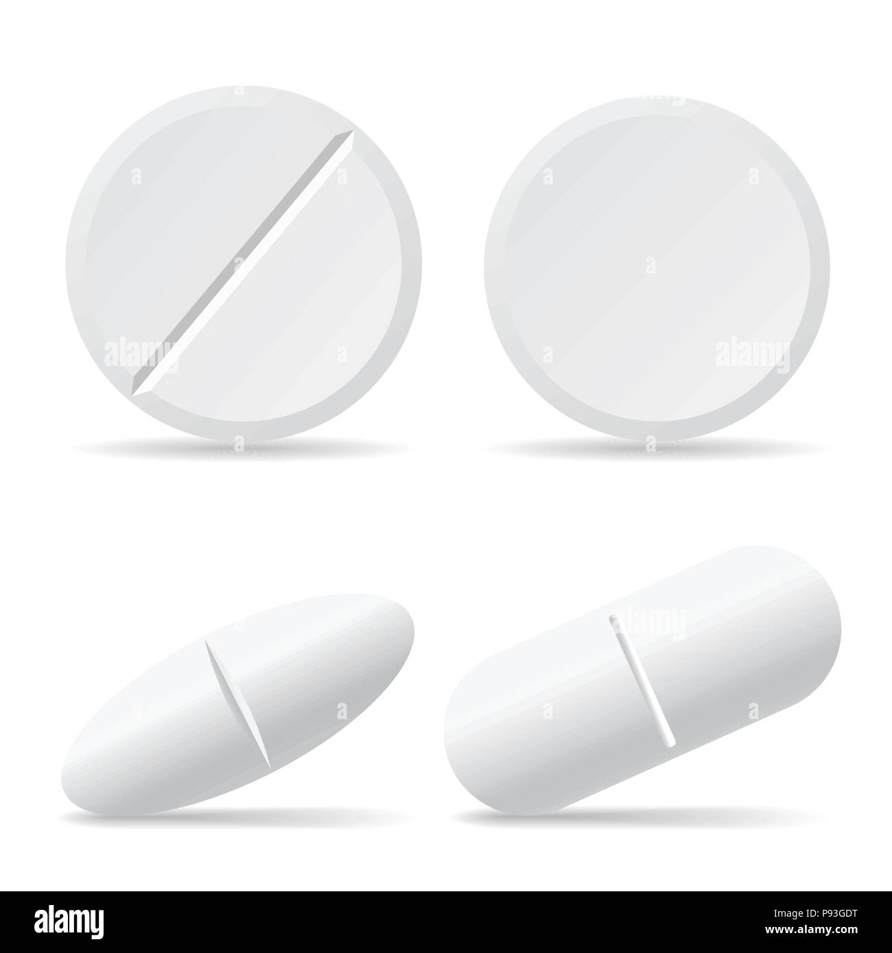 Set of vector illustrations of drug pills with shadows, round and oval ...