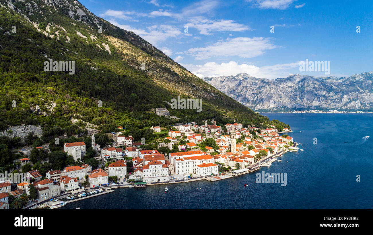 Aerial beautiful view at Perast town. Montenegro. Perast town in Kotor ...