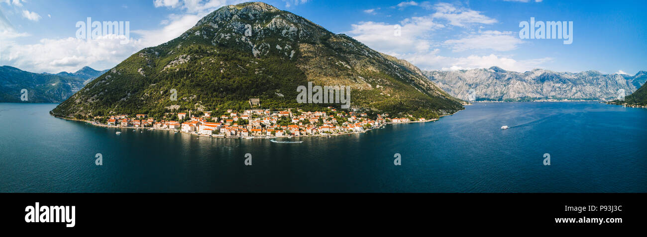 Aerial beautiful panoramic view at Perast town. Montenegro Stock Photo ...