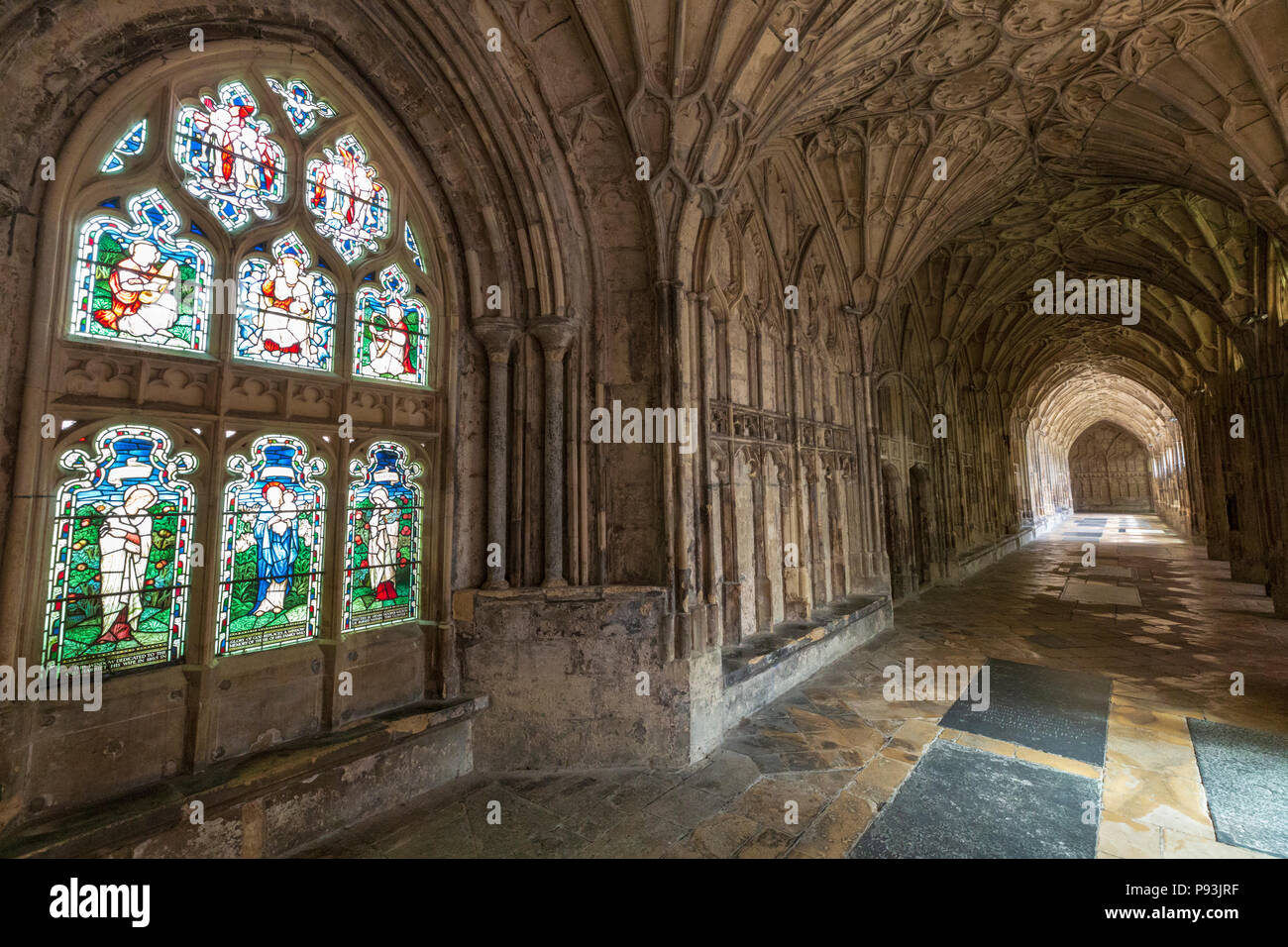 A stained glass window in the Cloisters at Gloucester Cathedral ...