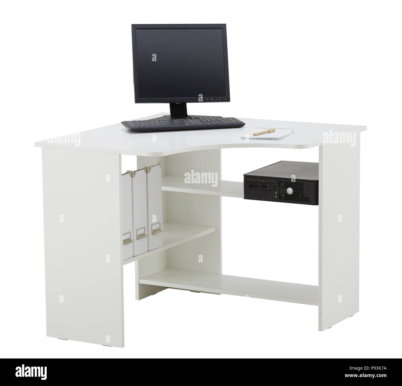 White corner table with props isolated on white background. Include ...