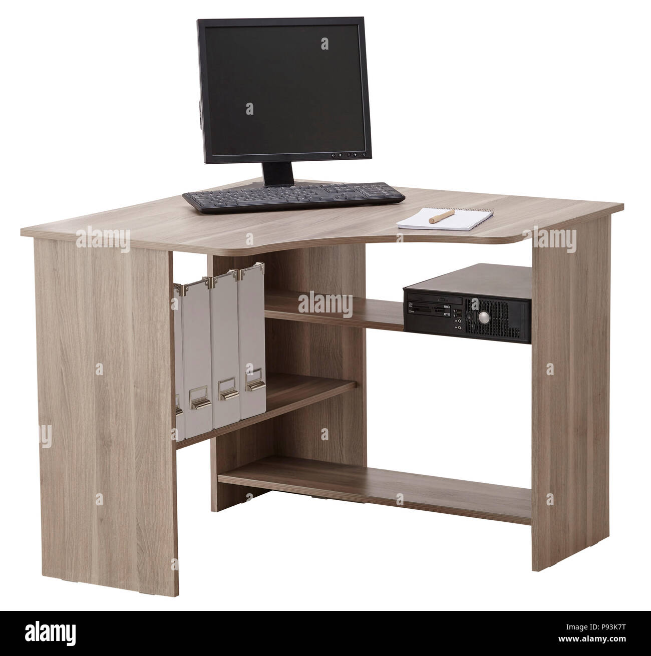 Brown corner table with props isolated on white background. Include ...