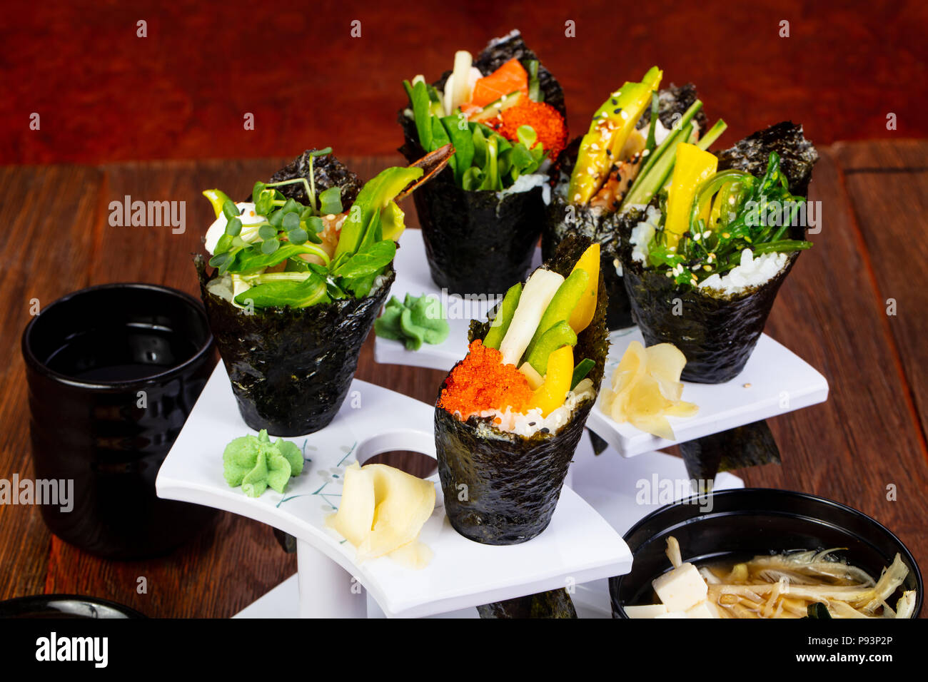 Japanese Temaki set with miso soup and seafood Stock Photo - Alamy