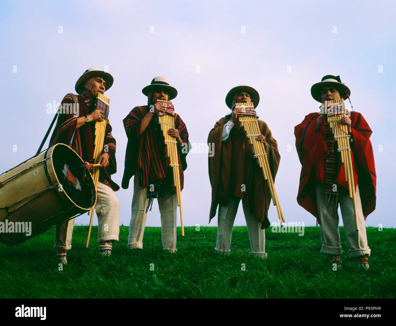 Group of Peruvian musicians with drum and pipes FOR EDITORIAL USE ONLY ...