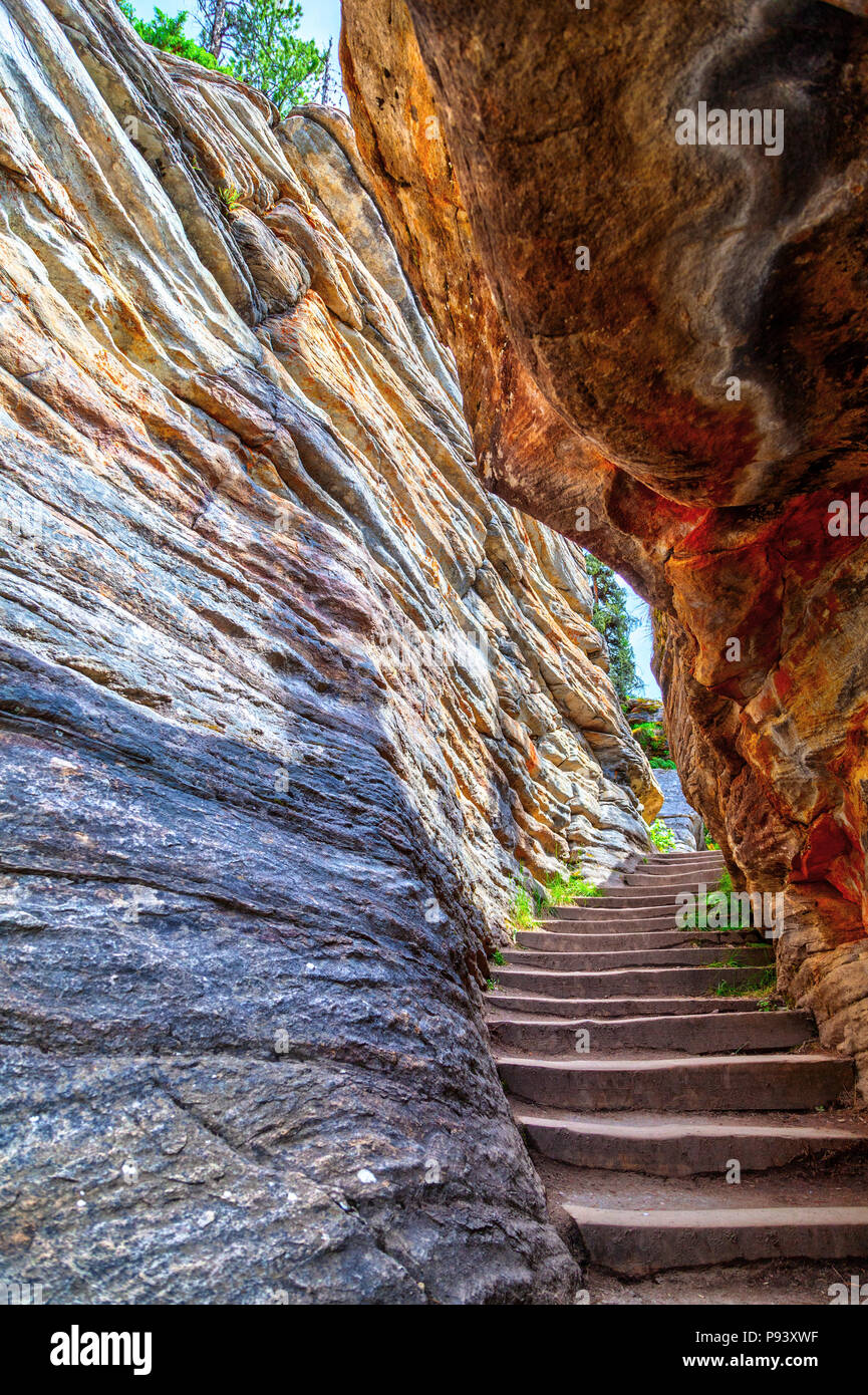 Long winding staircase cuts through the canyon at Athabasca Falls in ...