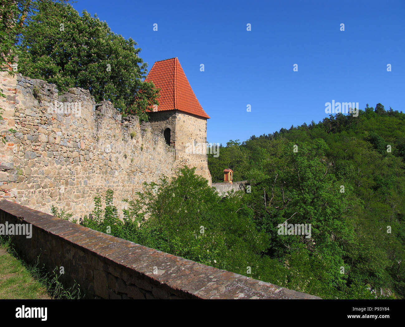 view from rampart of medieval castle Zvikov - Klingenberg, wall with ...