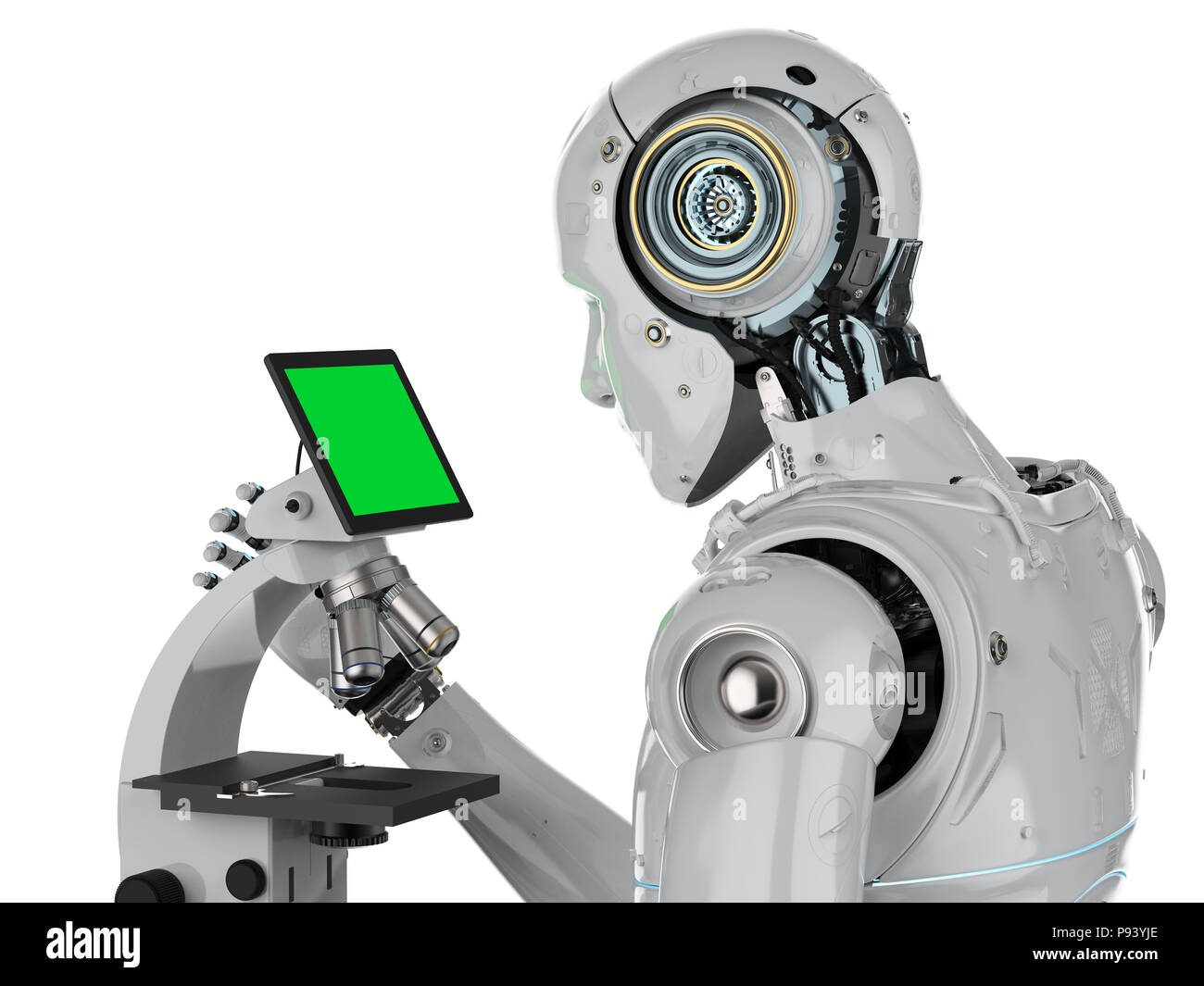 3d rendering robot working on microscope with monitor display isolated on white Stock Photo - Alamy