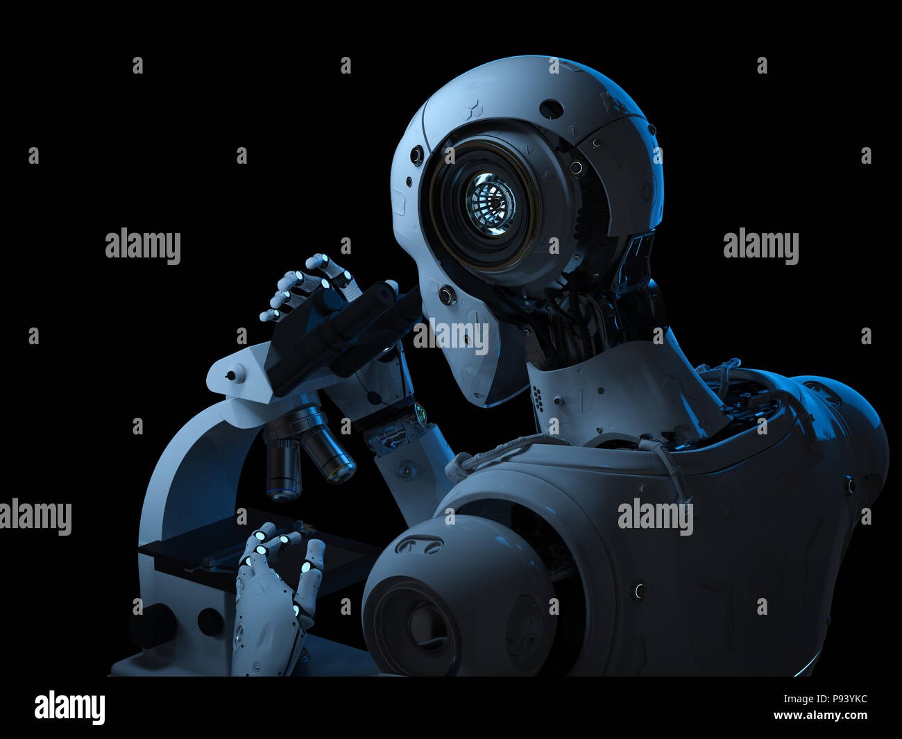 3d rendering robot working on microscope on black background Stock ...