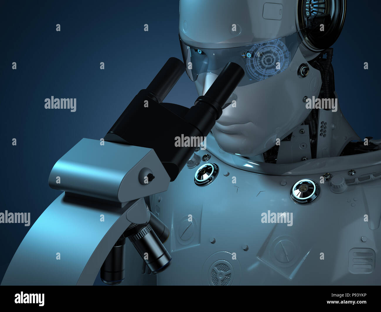 3d rendering robot working on microscope in dark lab Stock Photo - Alamy