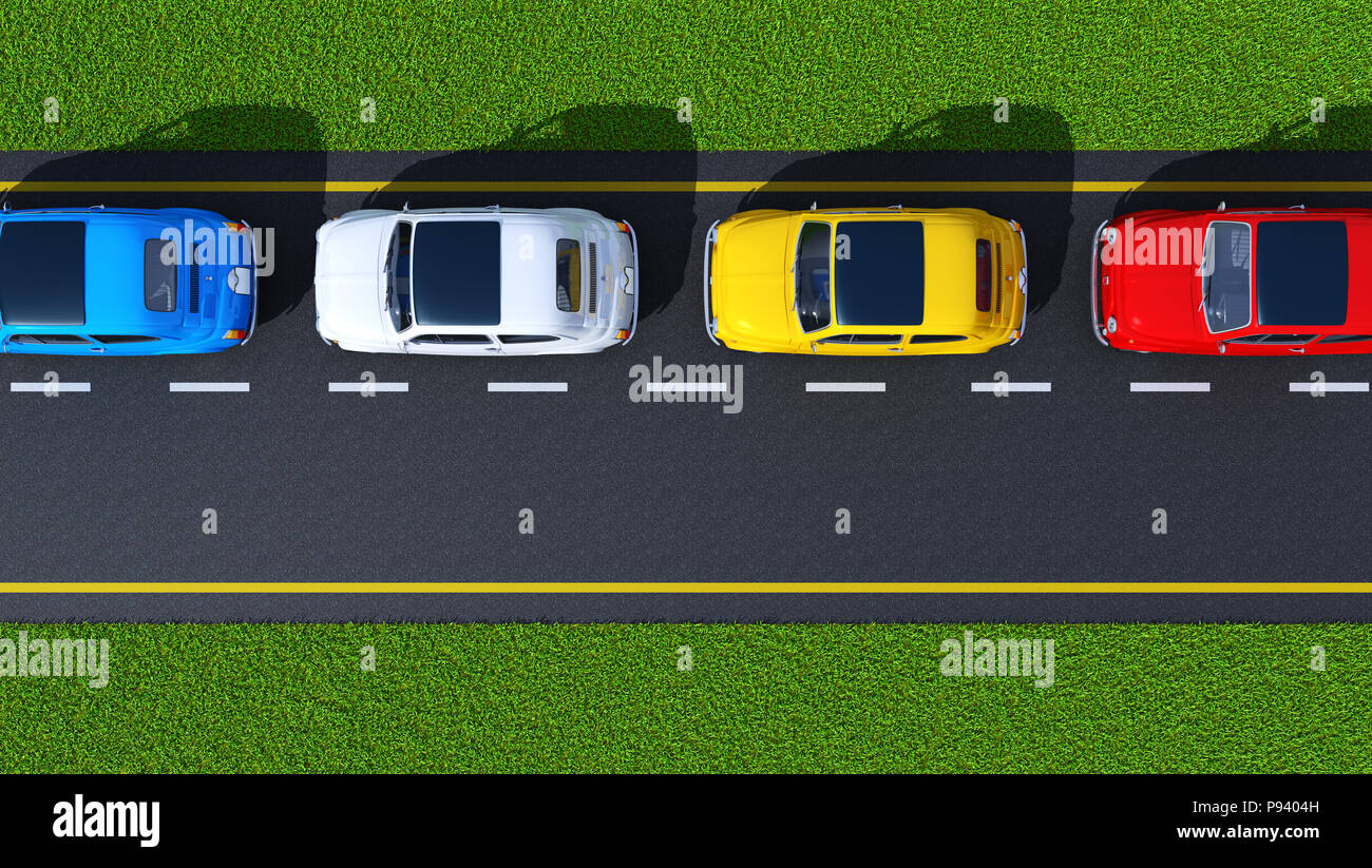 busy street, cars on asphalt and grass green (top view Stock Photo - Alamy