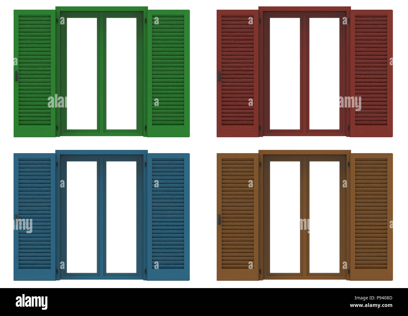four Window open with colored venetian shutters, closeup front view, 3D ...