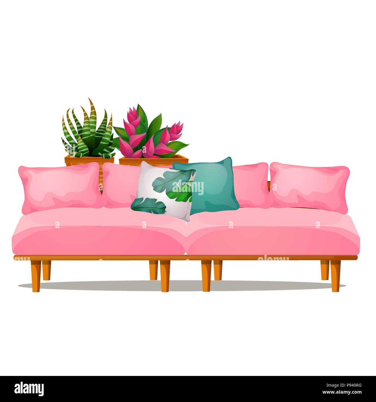 Pink color sofa with pillows and potted flowers isolated on white ...