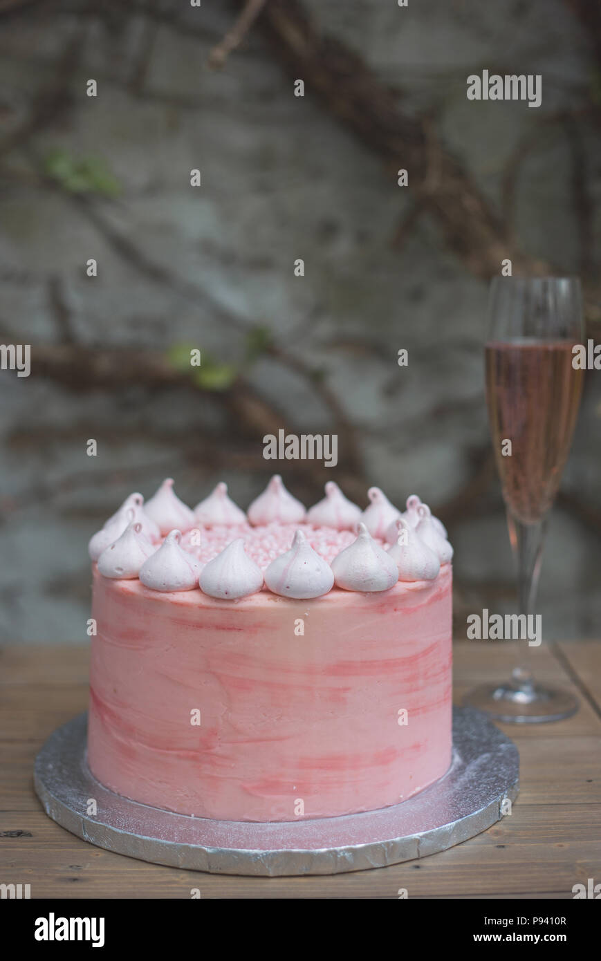 Pink Champagne Cake with mini pink meringues on top, covered with ...